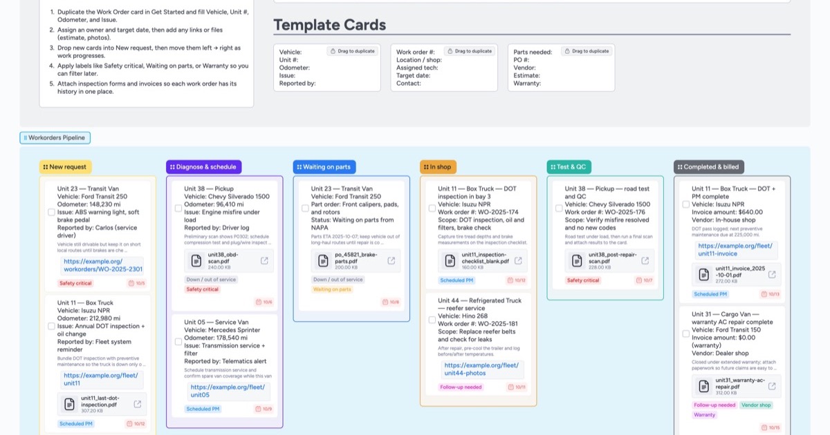 Fleet Maintenance Workorders Pipeline Template | Instaboard